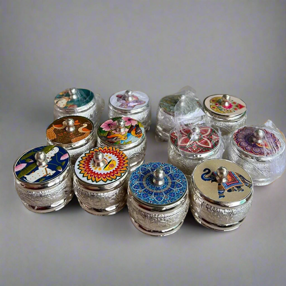 German Silver Mix Designs Dibbi, Roli Kumkum Box, Puja Gifts, Favors ...